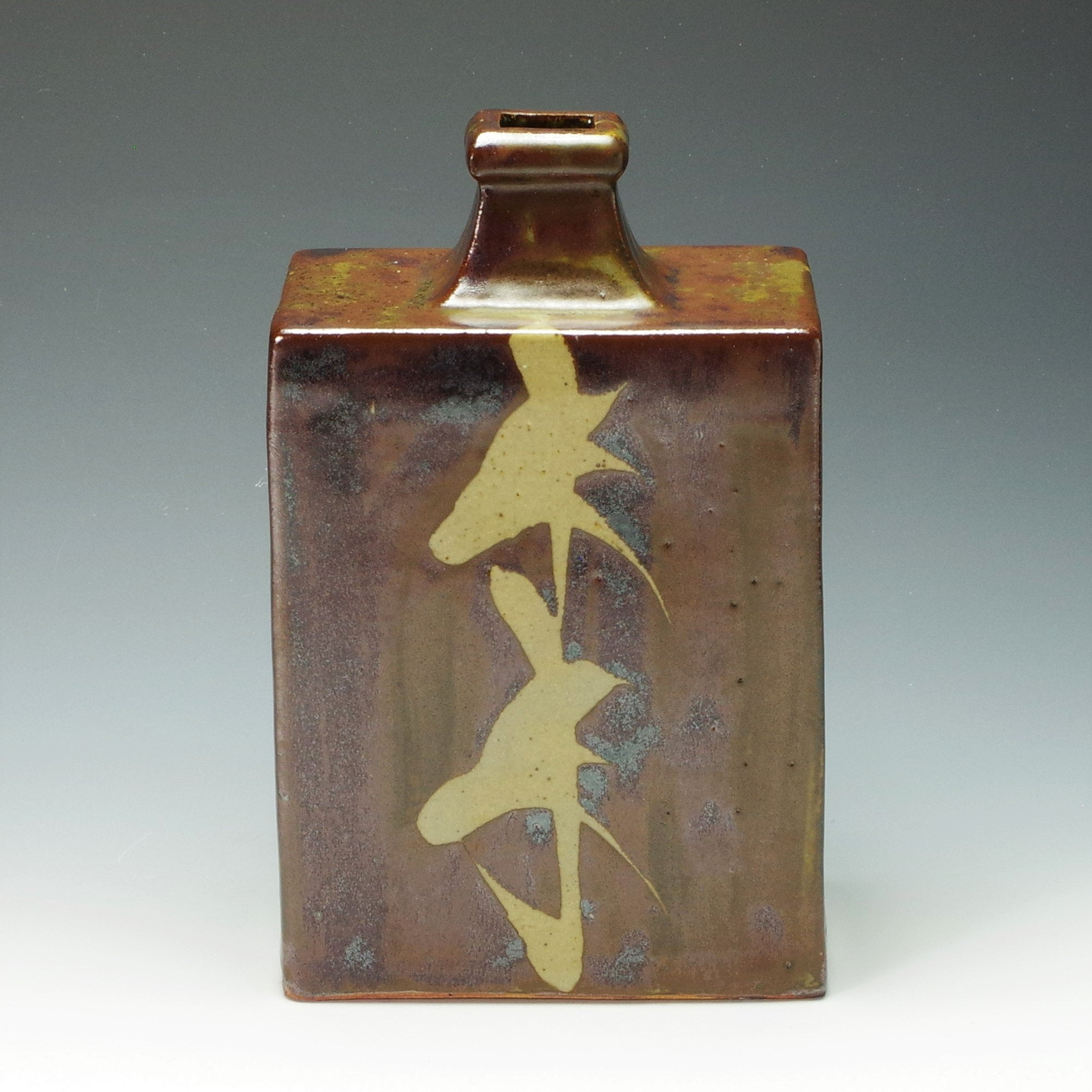 H4 7 Shoji Hamada Iron Glazed Flat Bottle With Wax Resist